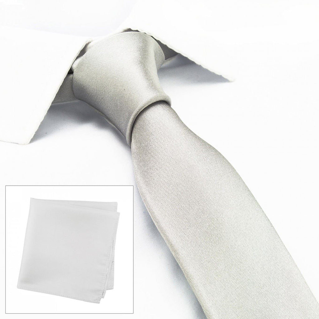 Slim Plain Silver Silk Tie & Handkerchief Set – The Cufflink Store
