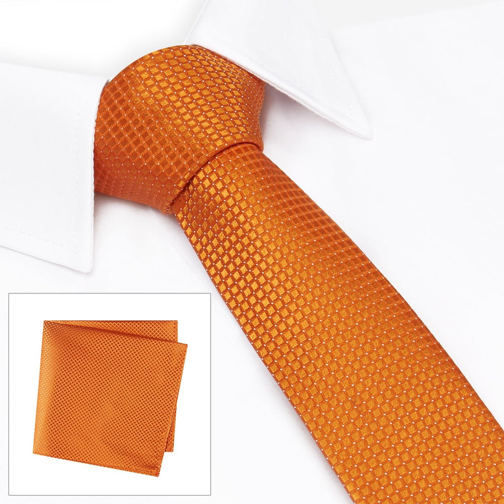 Orange Micro Square Woven Slim Silk Tie & Handkerchief Set – The ...