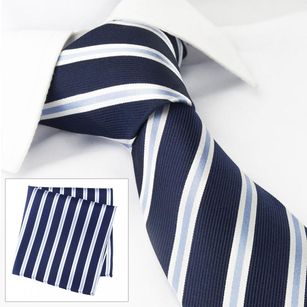 Navy With White & Blue Stripes Silk Tie & Handkerchief Set – The ...