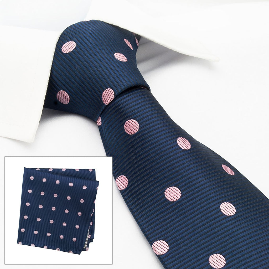 Navy With Pink Polka Dots Silk Tie & Handkerchief Set – The Cufflink Store