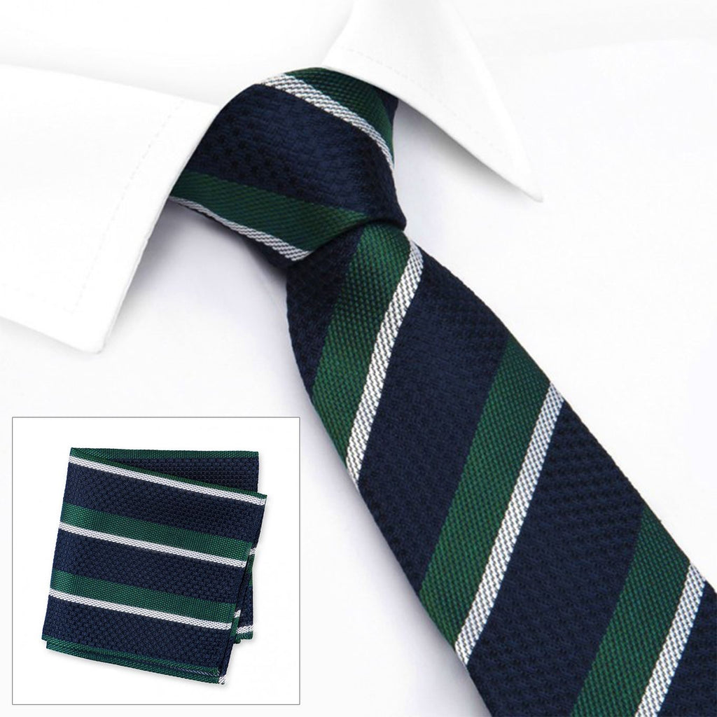 Navy, Green & White Classic Club Stripe Silk Tie & Handkerchief Set ...