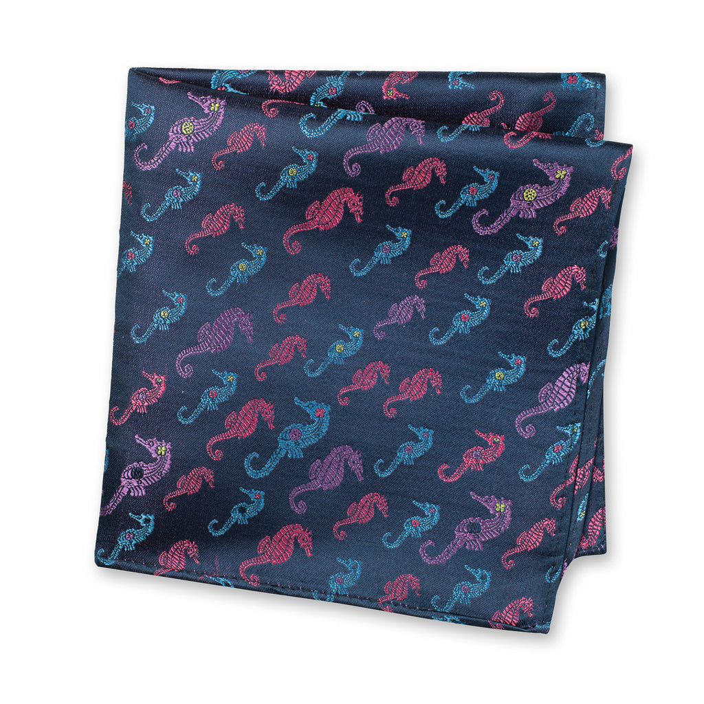 Navy Seahorse Luxury Woven Silk Handkerchief – The Cufflink Store