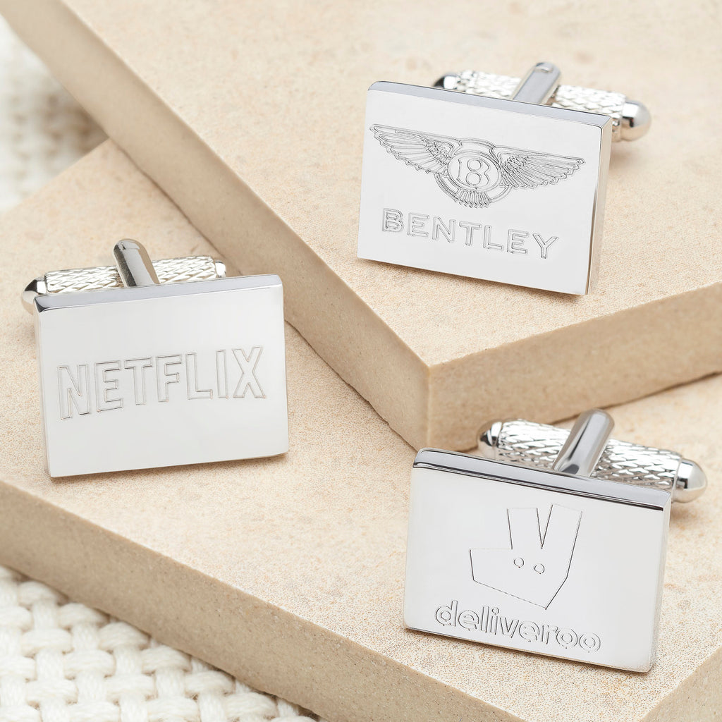Traditional Engraved Logo Silver Rectangle Cufflinks – The Cufflink Store